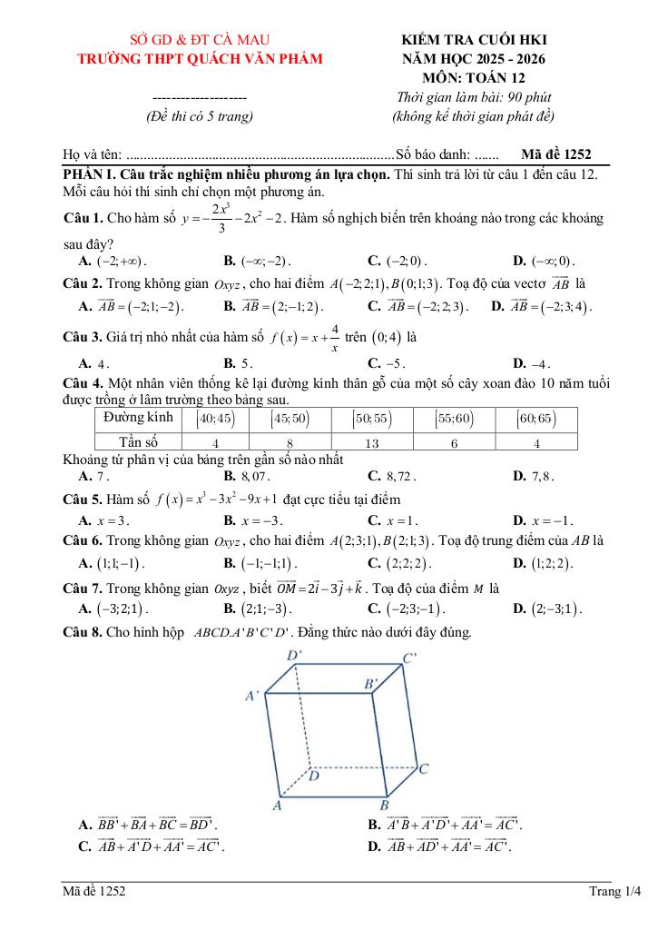Tài liệu toán: Đề Cuối Kì 1 Toán 12 Năm 2025 – 2026 Trường Thpt Quách ...