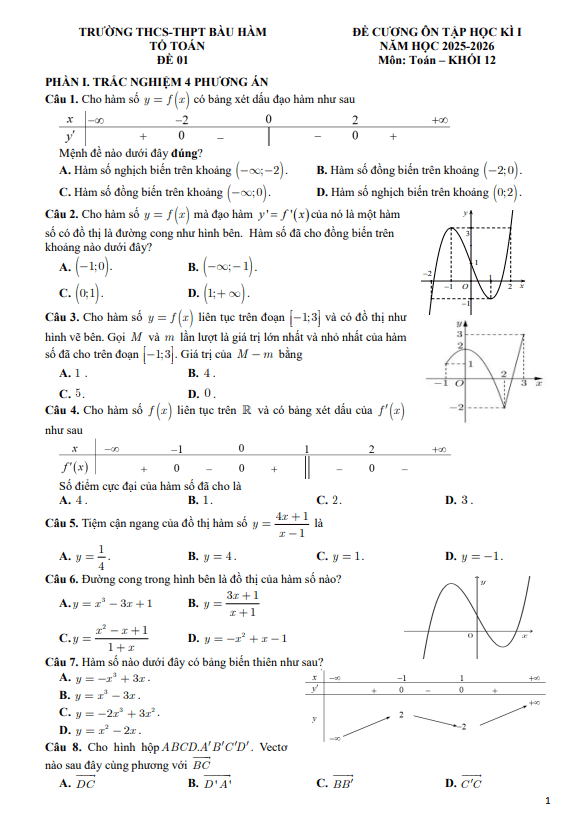 Tài liệu toán: Đề Cương Học Kì 1 Toán 12 Năm 2025 – 2026 Trường Thcs-thpt Bàu Hàm – Đồng Nai có ...