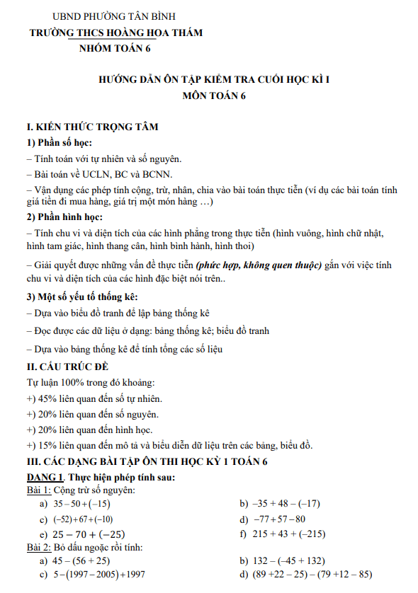 Tài liệu toán: Ôn Tập Cuối Học Kì 1 Toán 6 Năm 2025 – 2026 Trường Thcs Hoàng Hoa Thám – Tp Hcm ...