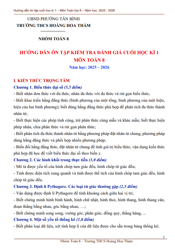 Tài liệu toán: Ôn Tập Cuối Học Kì 1 Toán 8 Năm 2025 – 2026 Trường Thcs Hoàng Hoa Thám – Tp Hcm ...